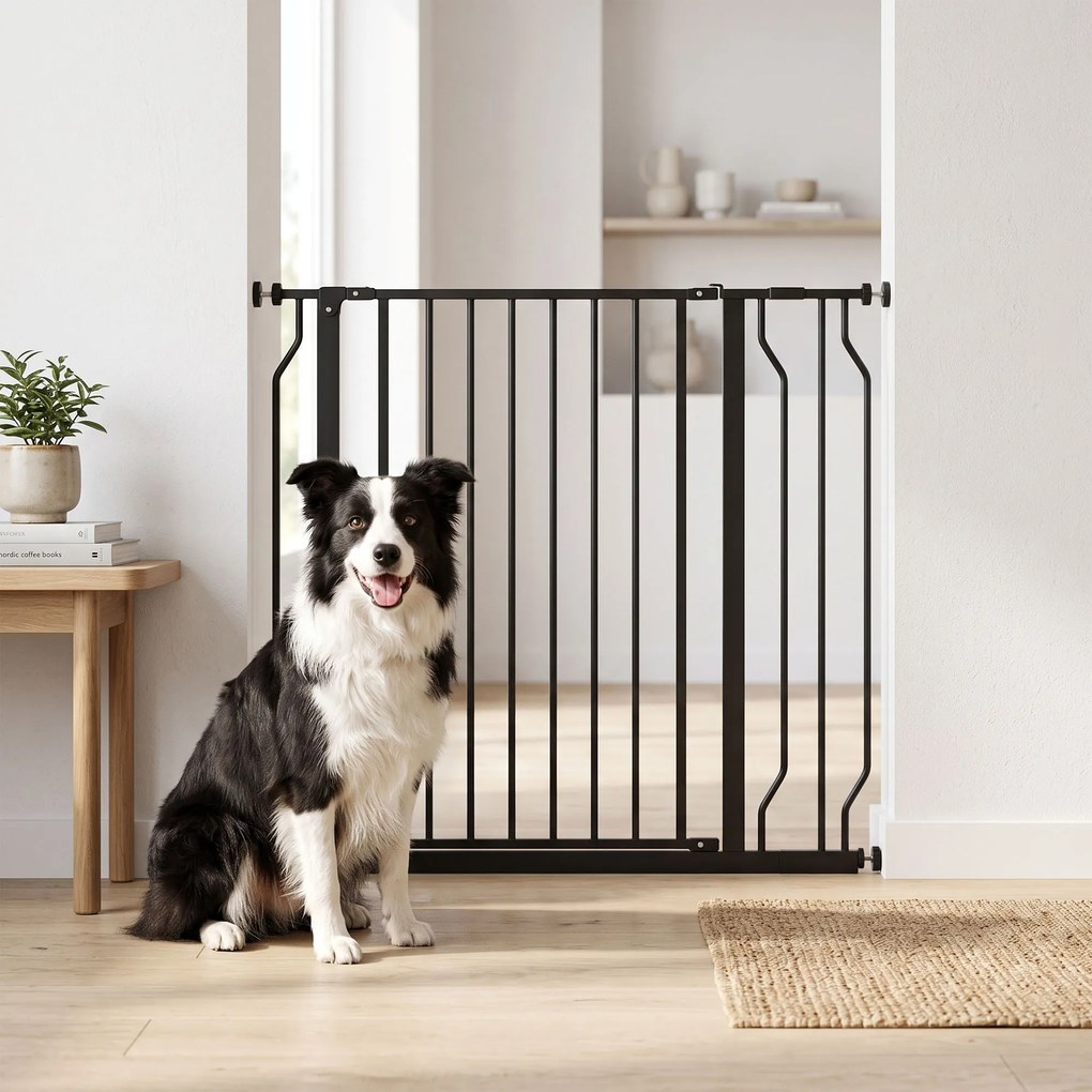 PawHut Rozšiřitelná bezpečnostní brána pro psy 75-95 cm pro dveře a schody, s prodloužením, tlaková montáž a dvojitý zámek, černá
