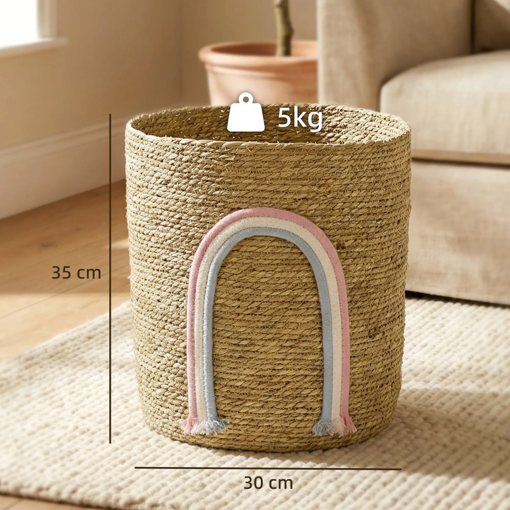 HOMCOM pletený úložný koš z mořské trávy s duhovým akcentem – přírodní, Ø30×35 cm