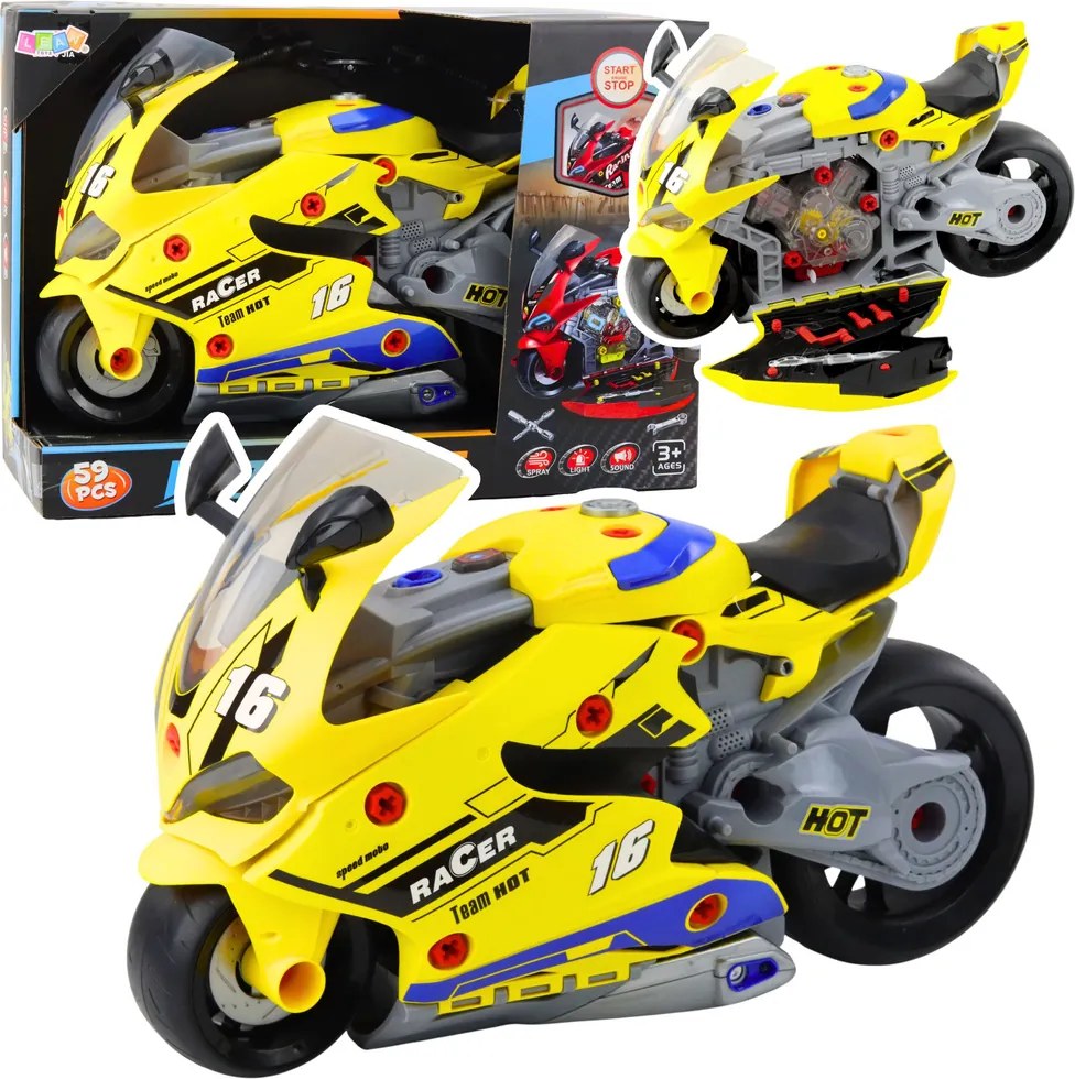 LEAN Toys Rozebíratelný motocykl 2v1 DIY dílna světla zvuky kouř žlutý 43 cm