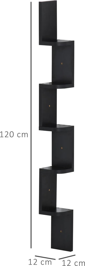 HOMCOM 5-podlažní Zigzag nástěnný rohový regál výška 120 cm černé dřevo