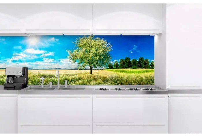 DIMEX | Fototapeta do kuchyně Strom na louce KI-180-085 | 180 x 60 cm | zelená, modrá