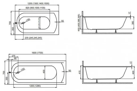 Polimat Akrylátová obdélníková vana Classic Slim 120x70 (130x70, 140x70, 150x70, 150x75, 160x70, 170x70, 170x75, 180x80) Barva: Bílá, Rozměry (cm): 140x70