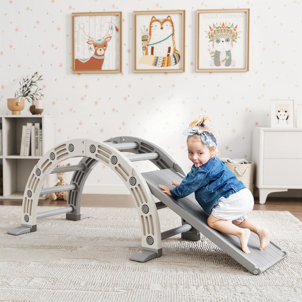 AIYAPLAY dětské lezecí zařízení pro děti od 18-48 měsíců 4v1 s lezecím obloukem, houpačkou, rampou a skluzavkou 164x70x57 cm šedá a bílá