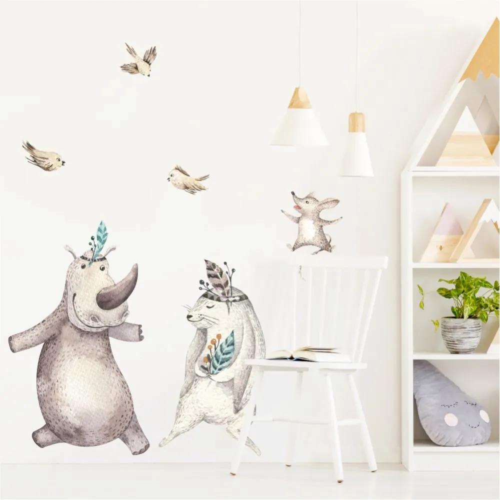 Gario Dětská nálepka na zeď Forest team - nosorožec, zajíček, myška a ptáčci Rozměry: 99 x 66 cm