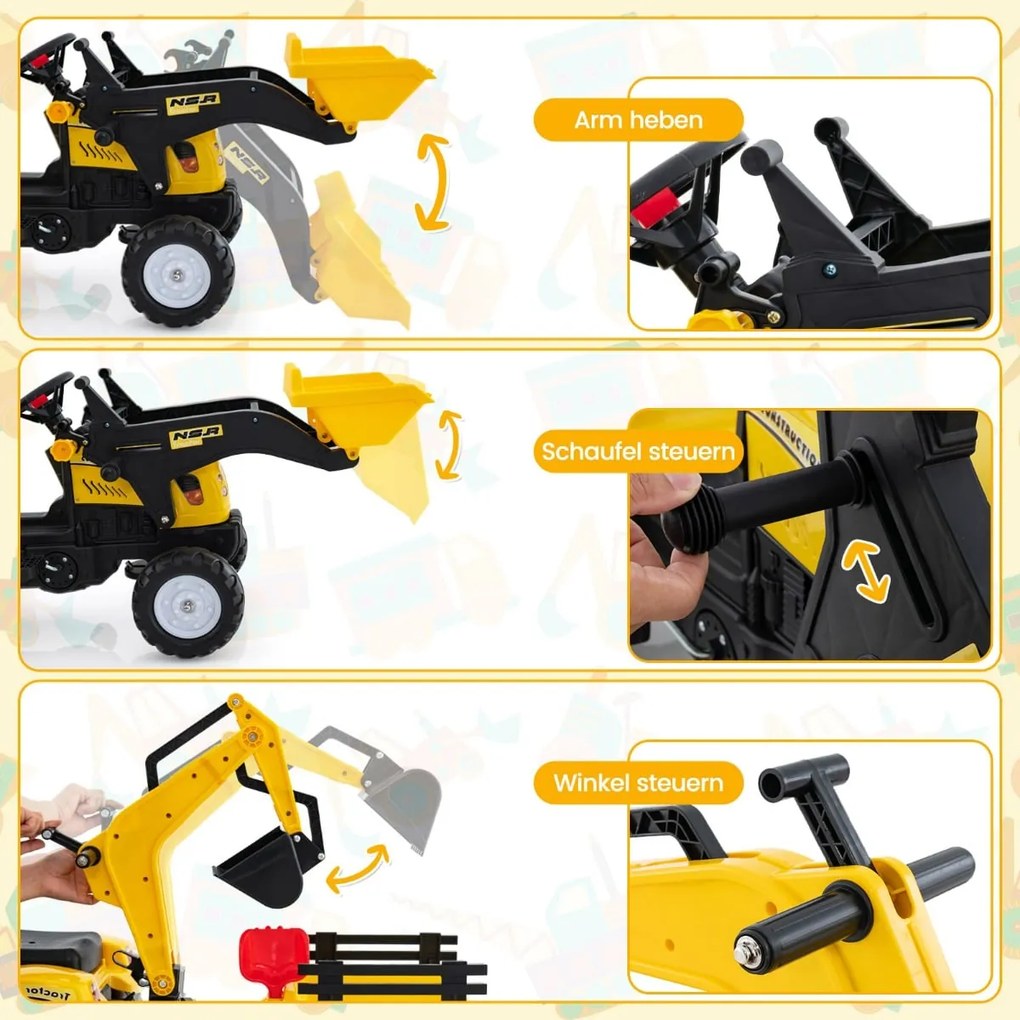 Costway 3 v 1 dětský buldozer bagr se 6 koly – 178 × 42 × 60 cm, žluť