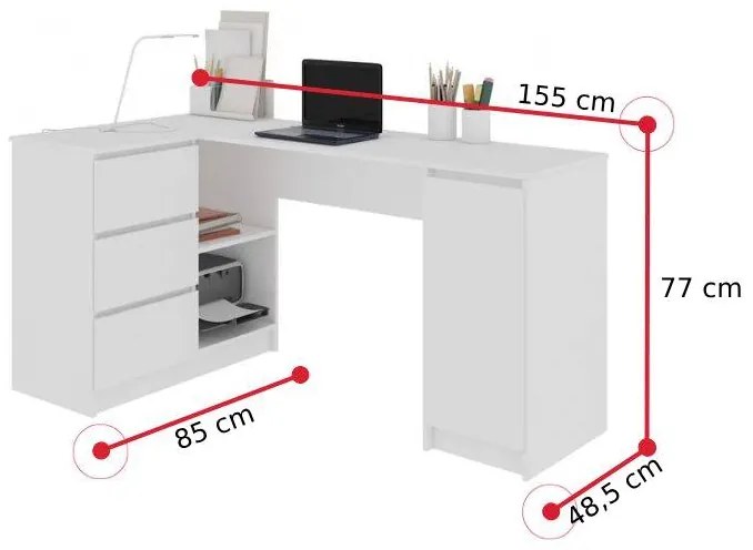 Psací stůl AKORD B20, 155x77x85/48,5, bílá, levá