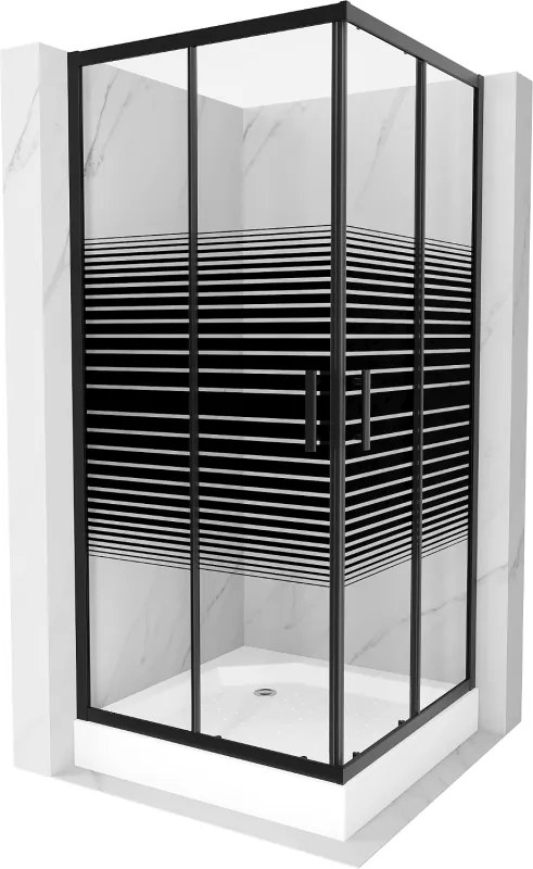 Mexen Rio, čtvercový sprchový kout 90(dveře)x90(dveře)x190 cm, 5mm čiré sklo-vzor pásky, černý profil + bílá sprchová vanička RIO, 860-090-090-70-20-4510