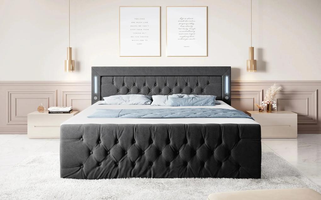 K&M postele Boxspring postel QUEEN s úložným prostorem, LED a USB Velikost postele: 160 × 200 cm, Výběr matrace: Taštičková zónová matrace - měkká (7…