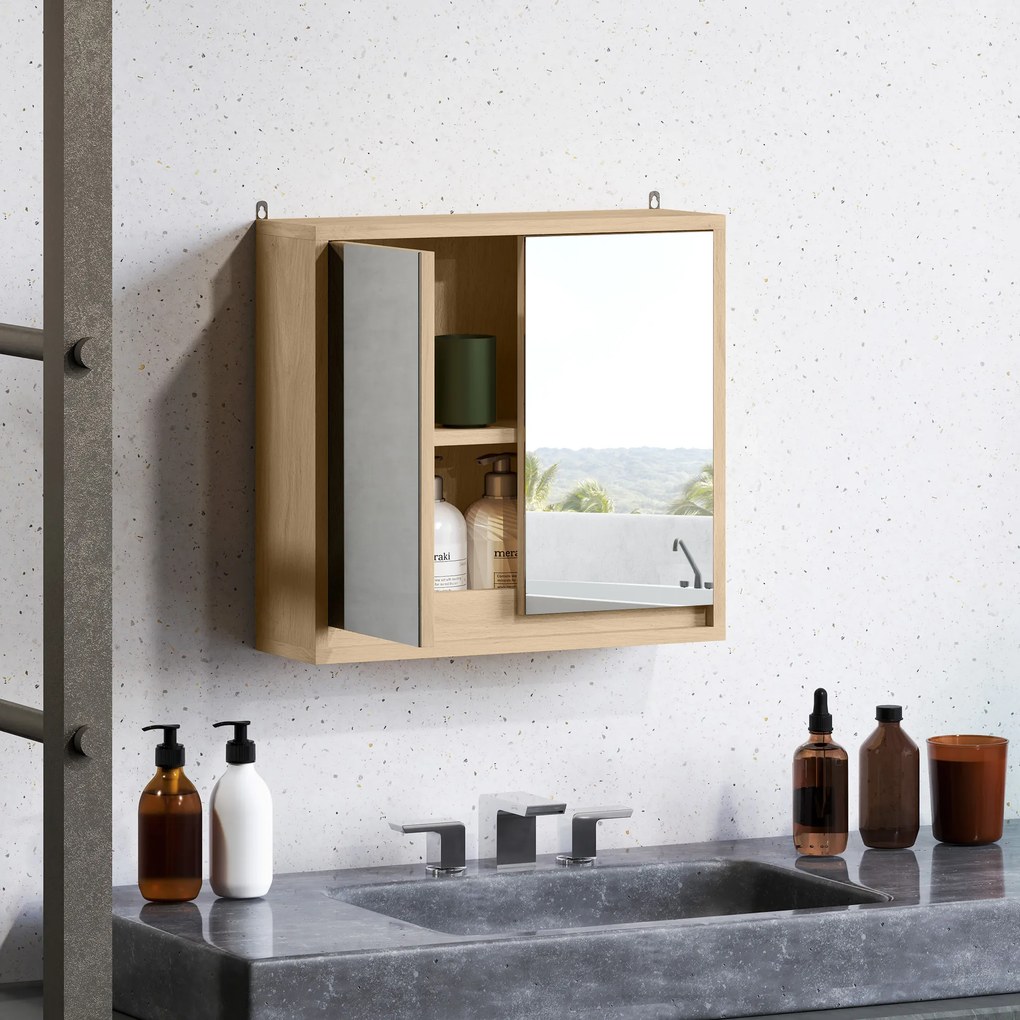 HOMCOM Koupelnová skříňka se zrcadlem, 2 dveřmi a nastavitelnou policí, závěsná koupelnová skříňka pro moderní koupelnu 48x14,5x45 cm, přirodní dřevo