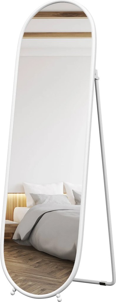 HOMCOM Zrcadlo na celé tělo, 160 x 40 cm Nástěnné zrcadlo se stojanem, Kovový rám, Oválné podlahové zrcadlo do obývacího pokoje, ložnice, Bílá | Aosom