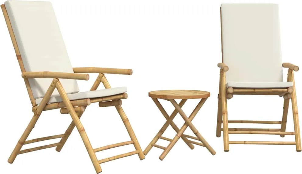 3dílný skládací bistro set s krémově bílými poduškami bambus 3208937