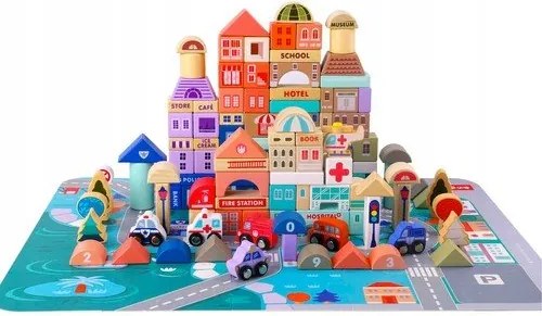 Montessori dřevěné kostky Kruzzel 23519 s podložkou veselé město 115 ks