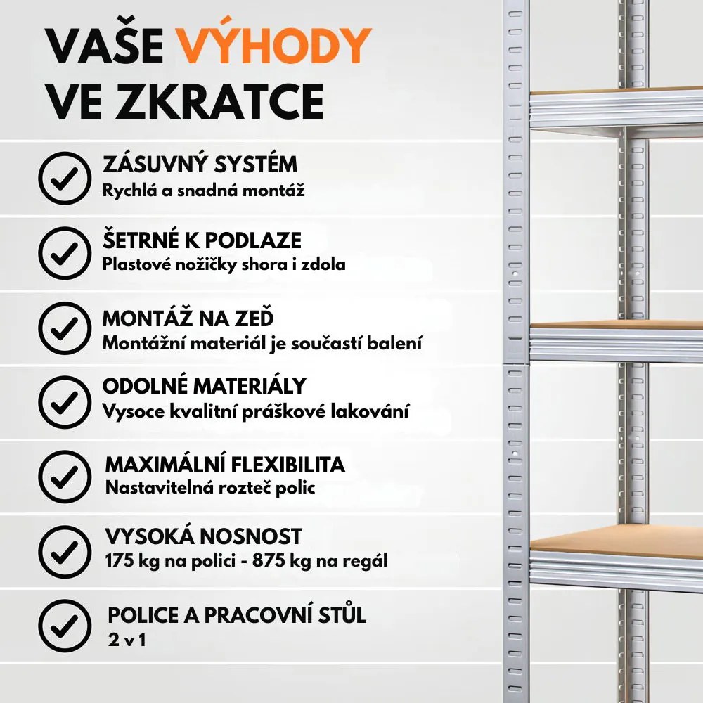 Regál s vysokou nosností HEAVY, max. 875kg, 90x40x180cm, stříbrná Jurhan