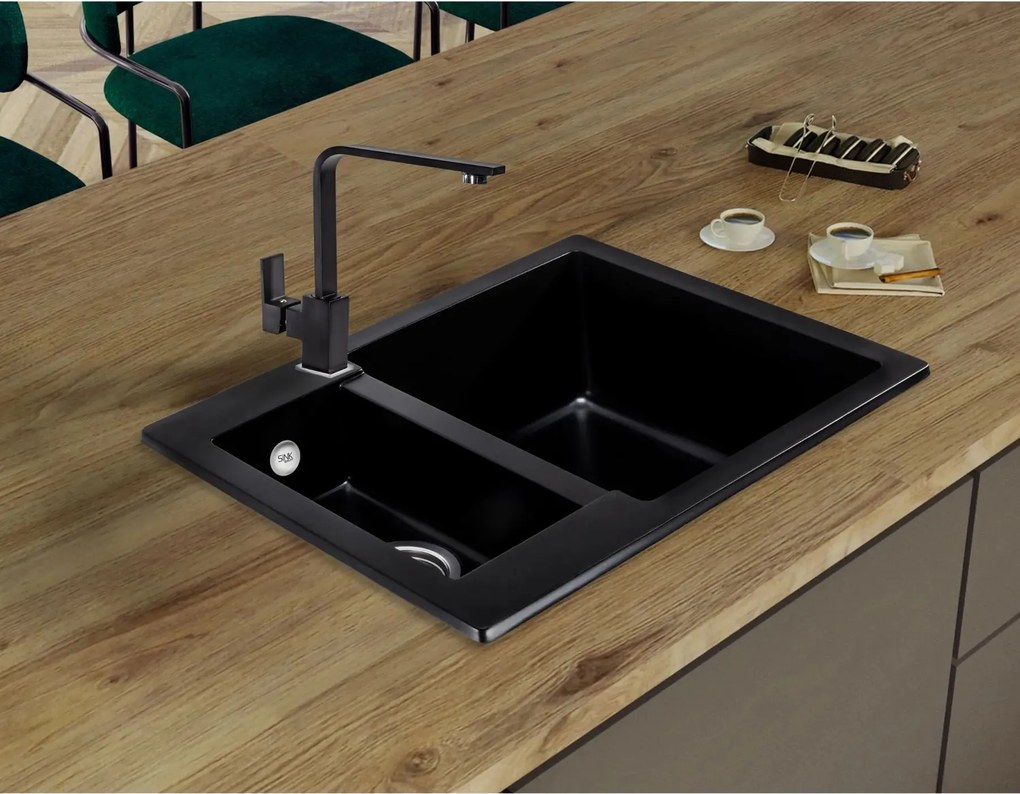 Sink Quality Ferrum, kuchyňský granitový dřez 605x495x210 mm + sifon, černá, SKQ-FER.C.5KBO.X