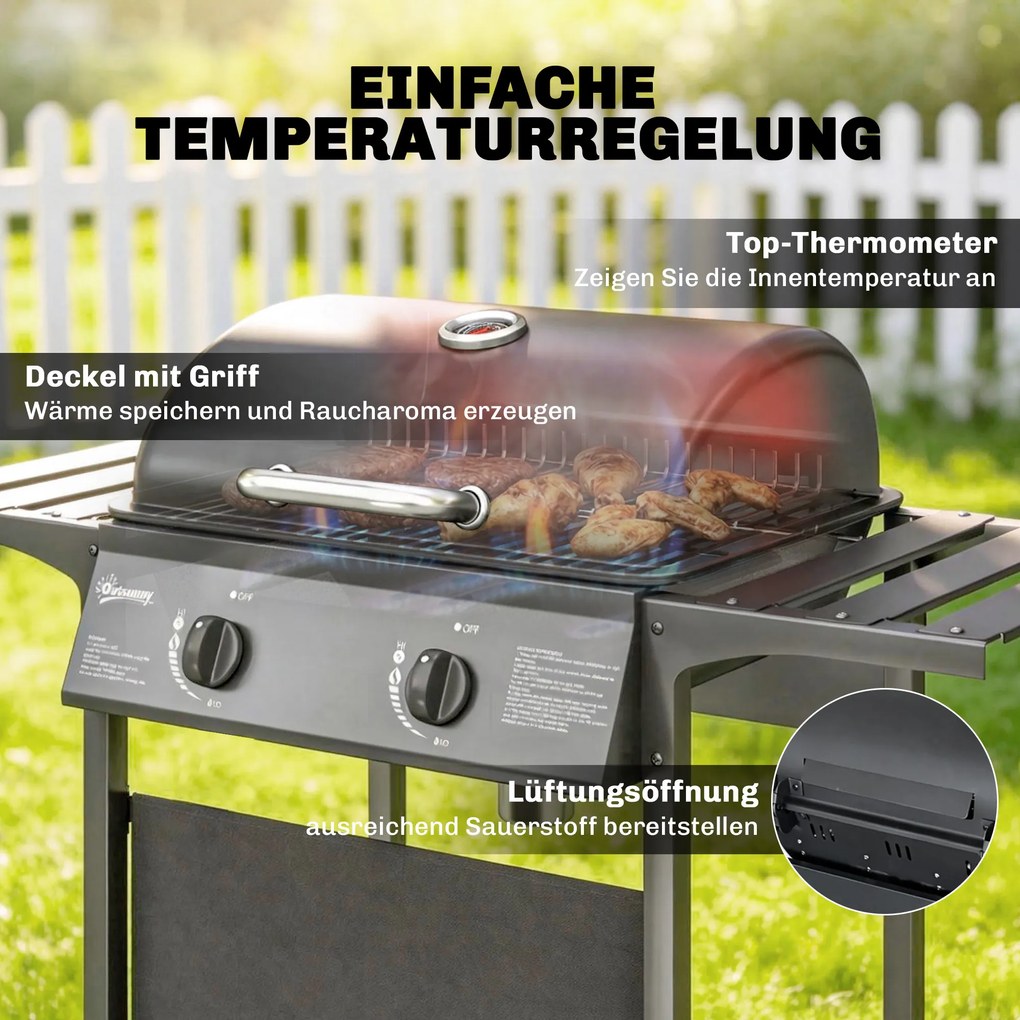 Plynový gril 5 KW 2 hořáky BBQ grilovací vozík z nerezové oceli včetně bočního stolku spodní koš přední kryt teploměr smaltovaný grilovací rošt
