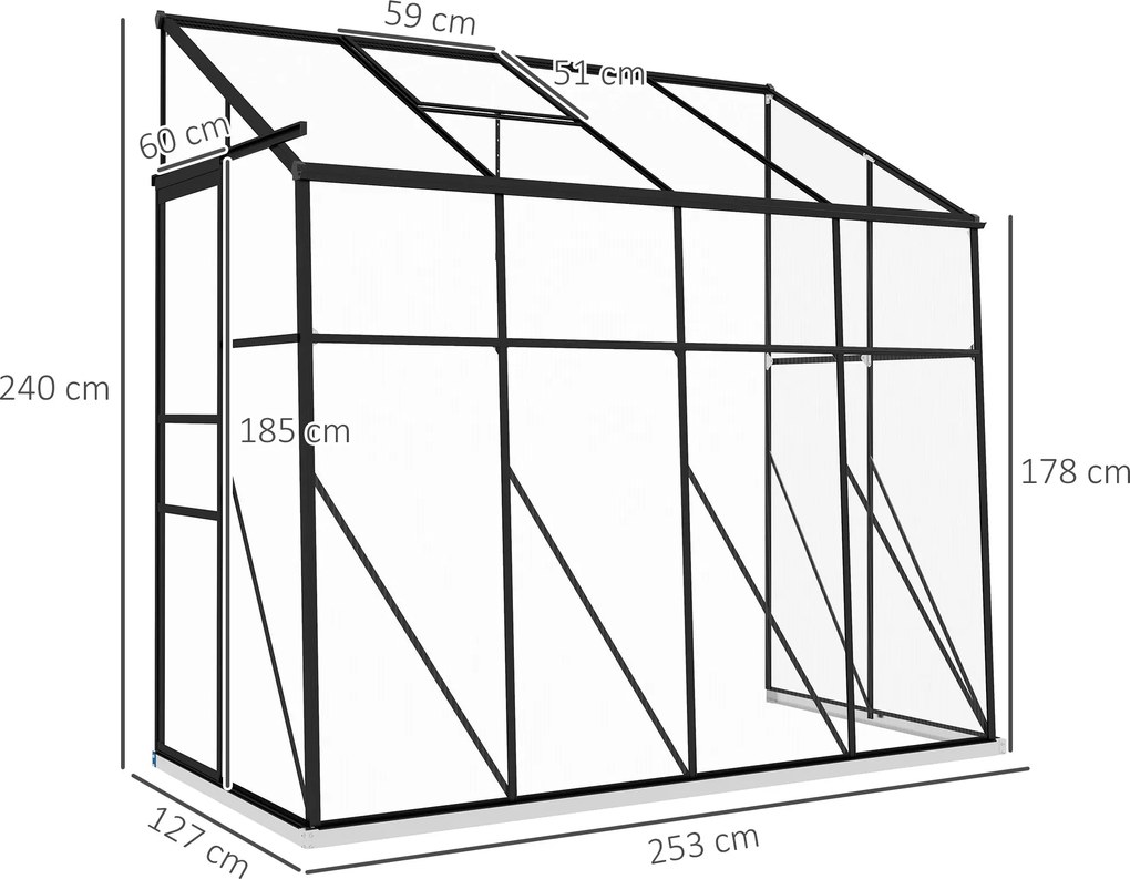 Přístěnné skleníky Outsunny, polykarbonátový zahradní skleník se skládacími dveřmi, 5 úrovní střešního větrání, hliníkový rám a základna, černý | Aoso