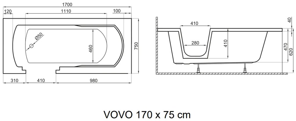 Polimat Vovo akrylátová vana sedací Délka vany: 150cm