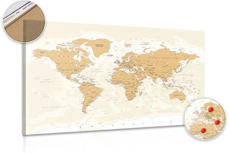 Obraz na korku mapa světa s vintage nádechem - 90x60 metallic
