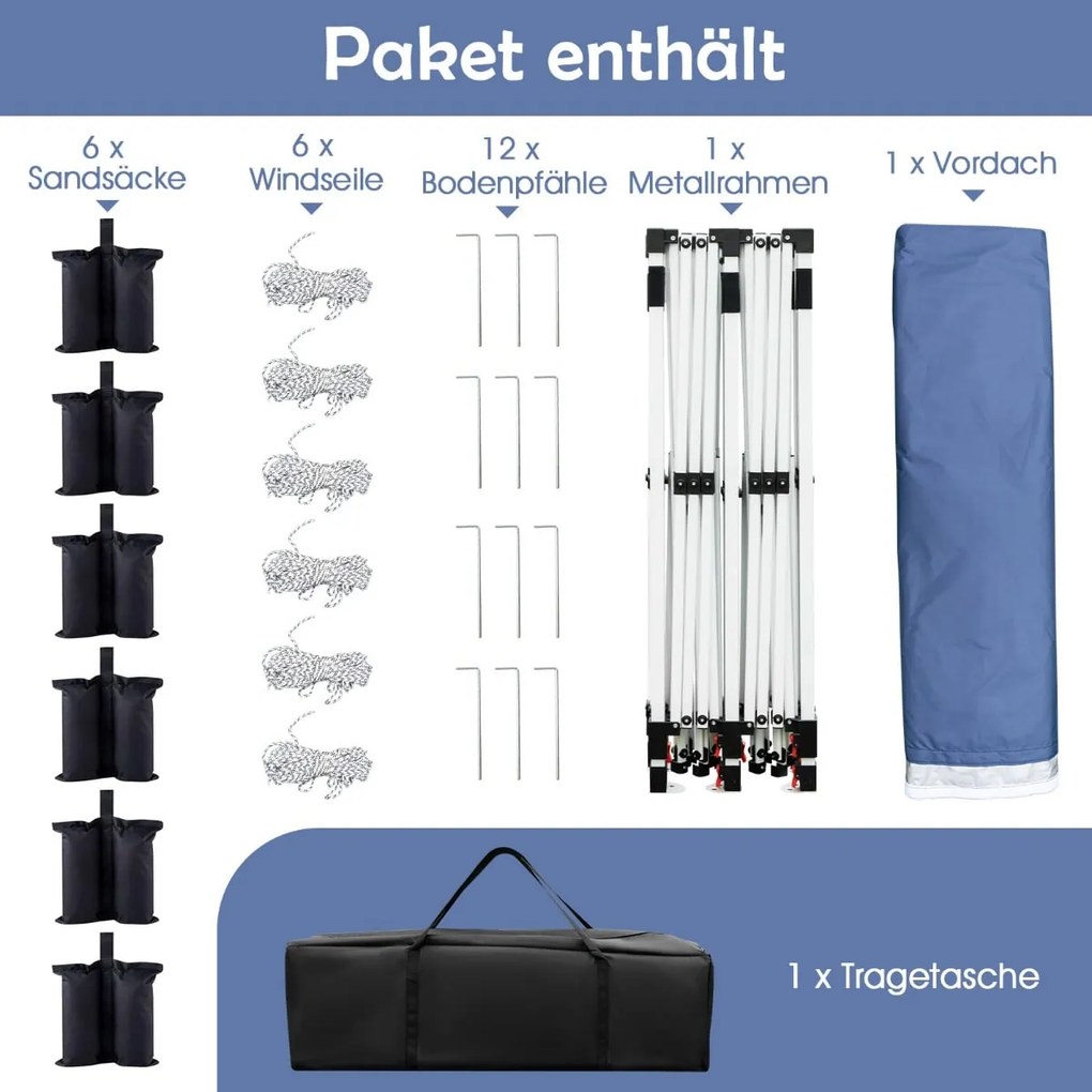 Costway Výsuvný stan s baldachýnem na akce s taškou – 300 × 600 cm, modrý