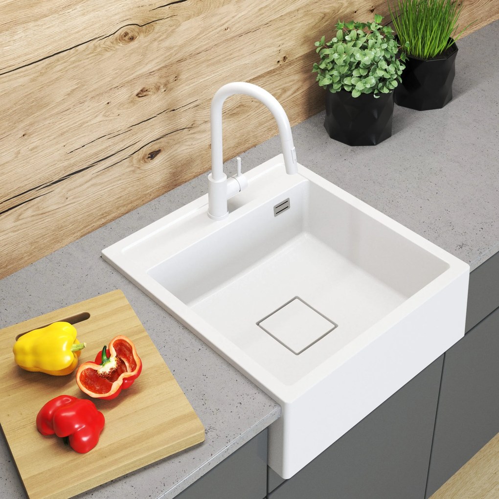 Gamma Farmerski, 1-komorový granitový dřez 600x630x210 mm, bílá, GMA-ZLE000210