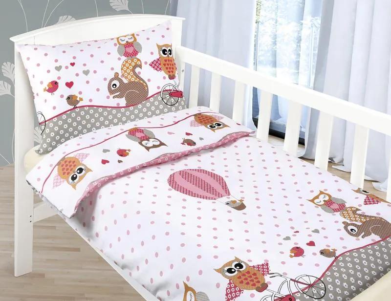 Veratex Dětské povlečení bavlna 90x135, 45x60 Růžová sovička 45 x 60, 90 x 135 cm Bavlna