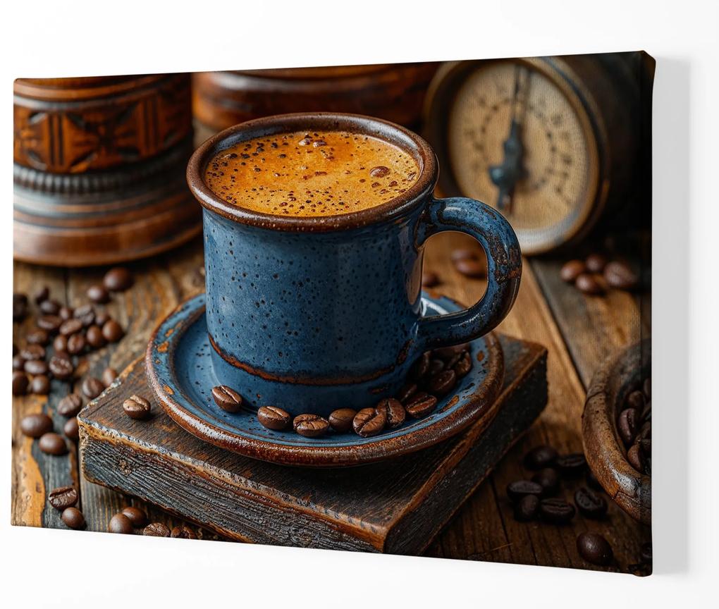 Obraz na plátně - Káva, dřevěný podtácek FeelHappy.cz Velikost obrazu: 40 x 30 cm