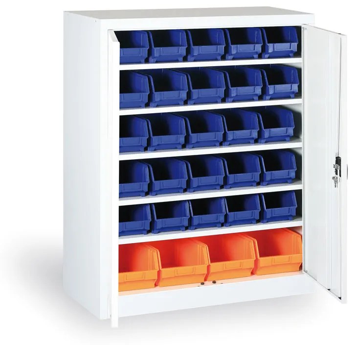 Skříň s plastovými boxy BASIC - 1150 x 400 x 920 mm, 30xB/4xC, šedá/modré dveře