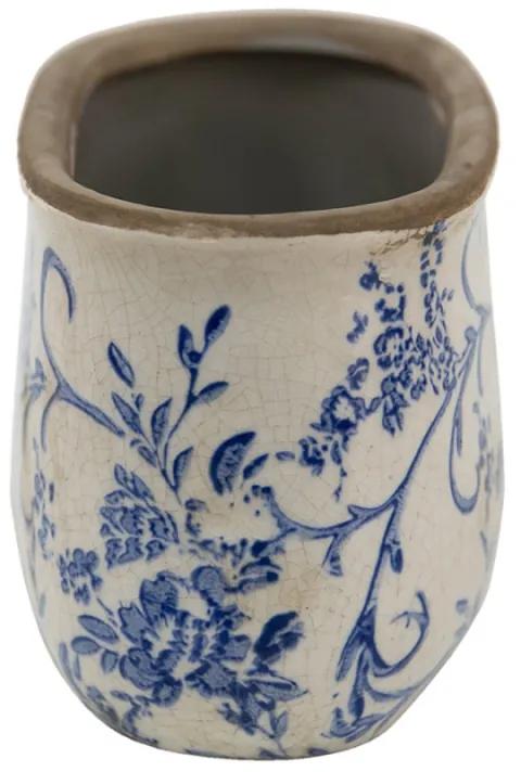 Oválný keramický obal na květináč s modrými květy Saten M – 17x9x10 cm