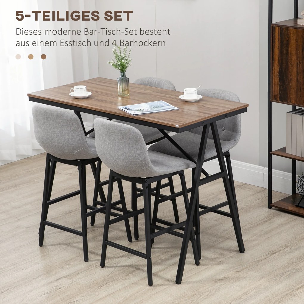 HOMCOM Barový set 5 ks s barovými židlemi, jídelní set do kuchyně, bistro stůl se 4 židlemi, kov, světle hnědá, 120x60x91 cm