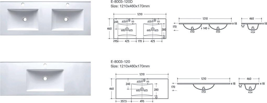 Comad Nábytkové keramické dvojumyvadlo UM-8003-LAVA 120D -DP, 121x46 cm, bílá lesklá