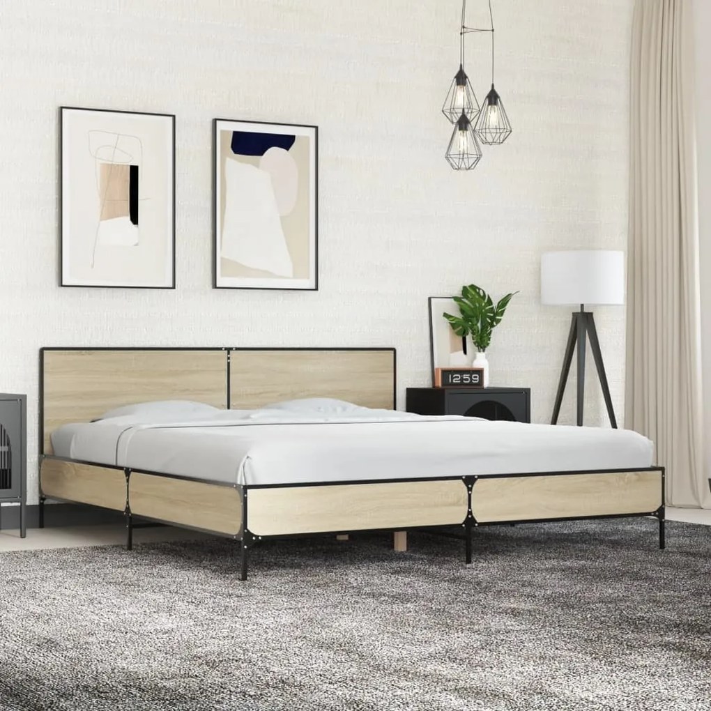 Rám postele dub sonoma 200 x 200 cm kompozitní dřevo a kov 3280018