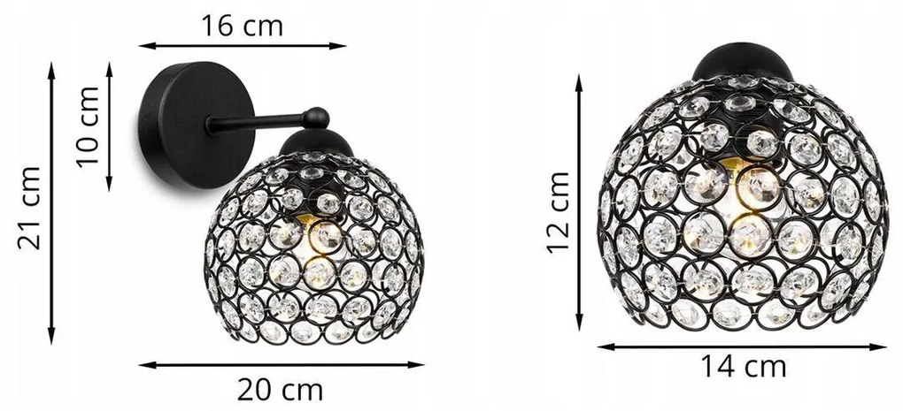 Nástěnné svítidlo CRYSTAL 1, 1x černé křišťálové stínítko