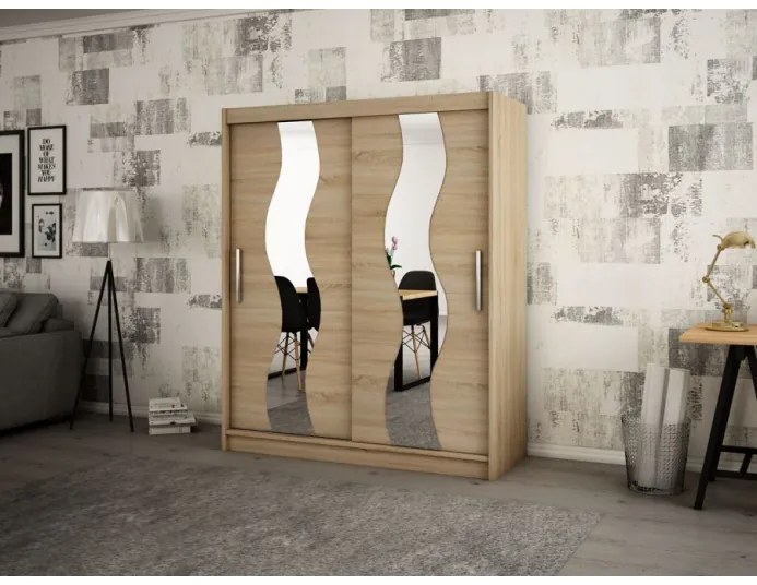 Prostorná skříň s posuvnými dveřmi a ozdobnými zrcadly Lina 180 v barvě dub sonoma