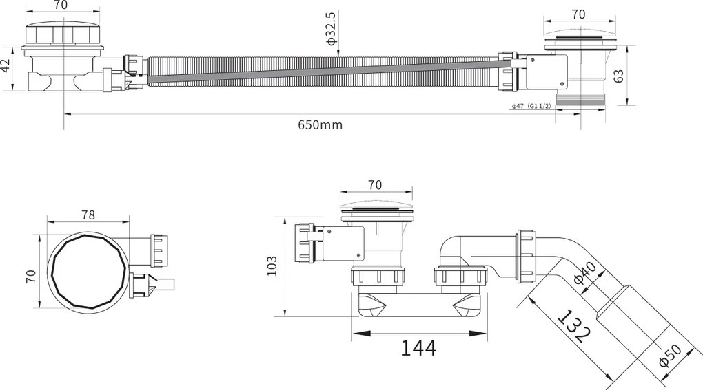 Erga Pureline, vanová odtoková a přepadová souprava, délka 650 mm, bowden, chromová, ERG-V08-PURELINE-SIPHON60-CR
