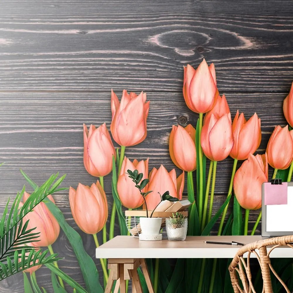 Samolepící fototapeta oranžové tulipány na dřevěném podkladu - 375x250 cm