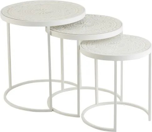 Set 3 bílých kovových stolků s ornamentovou deskou - Ø46*50 cm