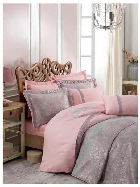 Růžovo-šedý přehoz přes postel na dvoulůžko s povlaky na polštáře Ornella, 250 x 260 cm
