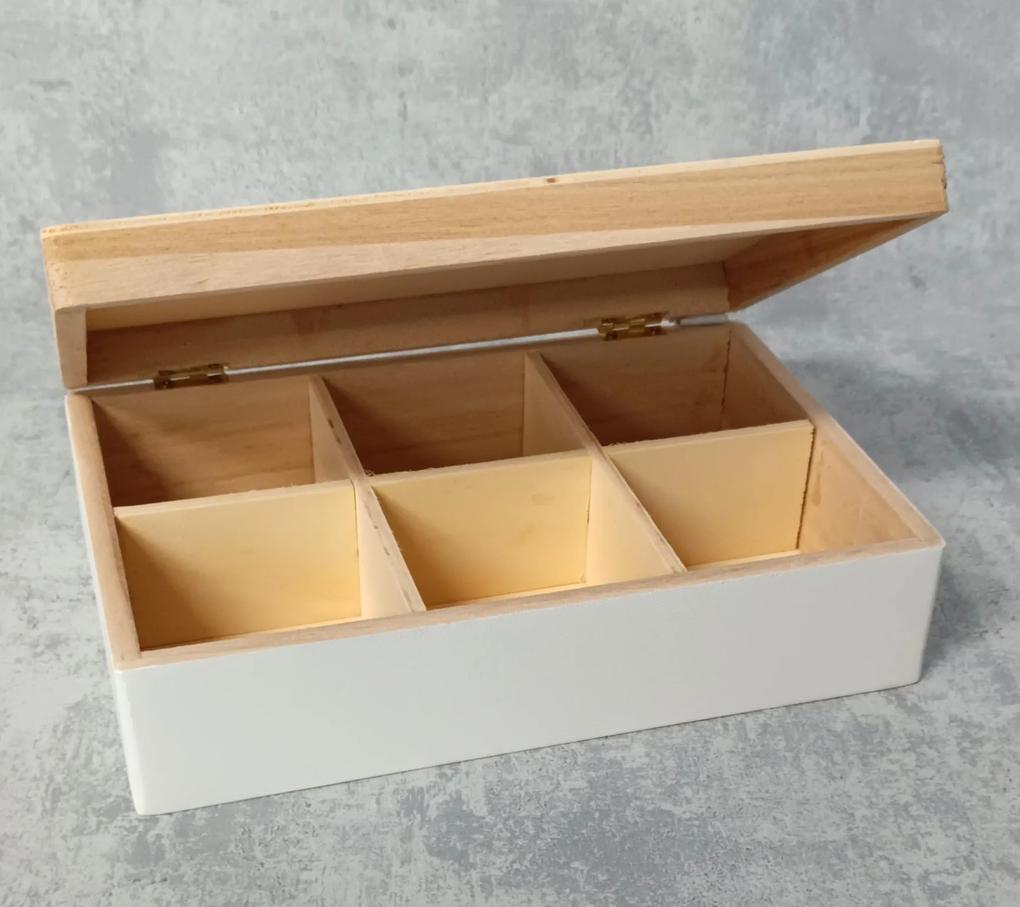 Dřevěná krabička na čaj s šesti přihrádkami - bílá