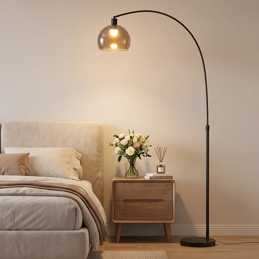 HOMCOM Stojací lampa, ohnutá hlava, nožní spínač, mramorový podstavec, plastový stínidlo, šedá