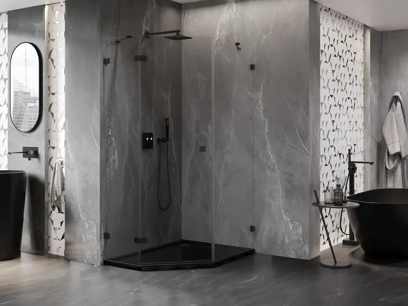 Mexen Lunar, Pětiúhelníkový sprchový kout Mexen Lunar s výklopným levým oknem 80 x 100 cm, 8mm čiré sklo, černý profil, 831-080L-100P-70-00-L