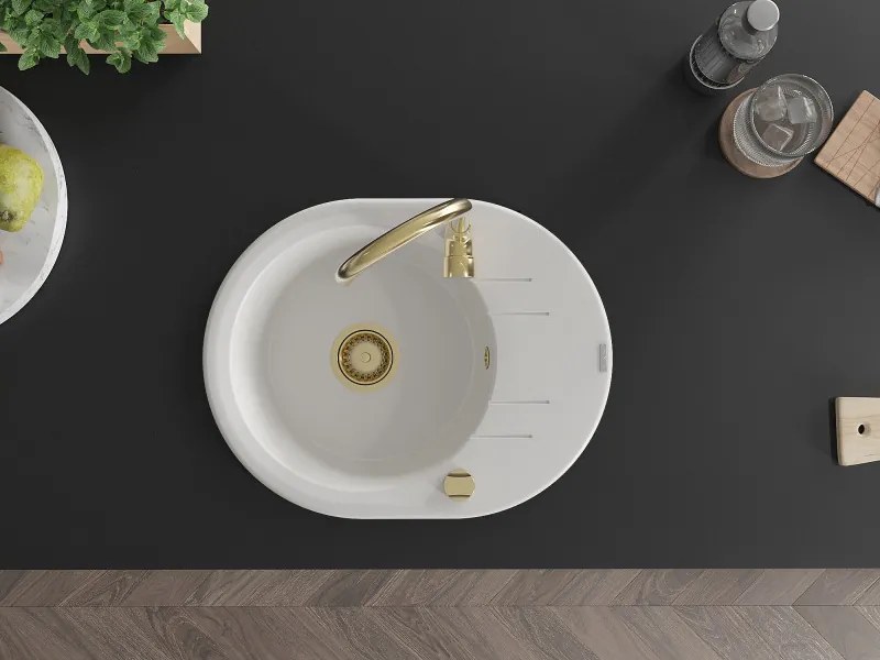 Mexen Kevin, granitový dřez 586x458x190 mm, 1-komorový, bílá se zlatým sifonem, 6517581005-20-G