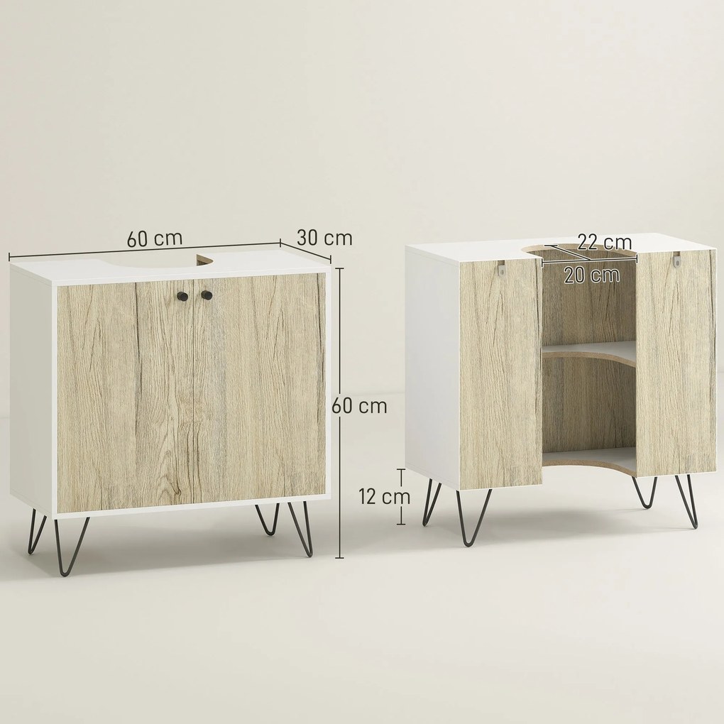 kleankin Koupelnová Skříňka Pod Umyvadlo s Dvěma Dveřmi a Ocelovými Nohami 60x30x60 cm Ořech a Bílá