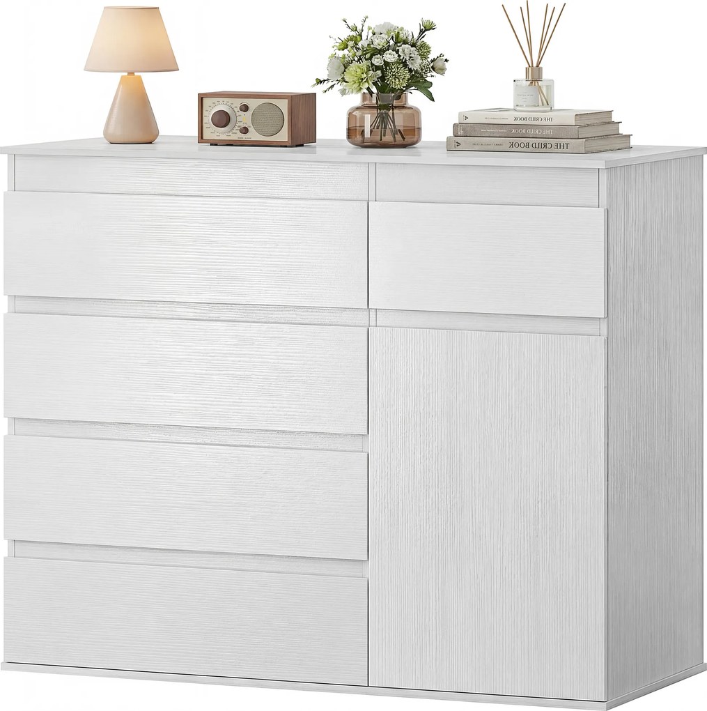 HOMCOM Komoda, úložná skříňka s 5 zásuvkami, nastavitelným prostorem a dvířky s tichým dovíráním, 100 x 40 x 80 cm, bílá