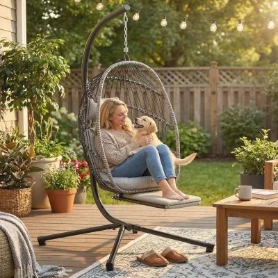 Outsunny závěsné křeslo s rámem, skládací závěsné křeslo s vyklápěcí opěrkou nohou, světle šedá