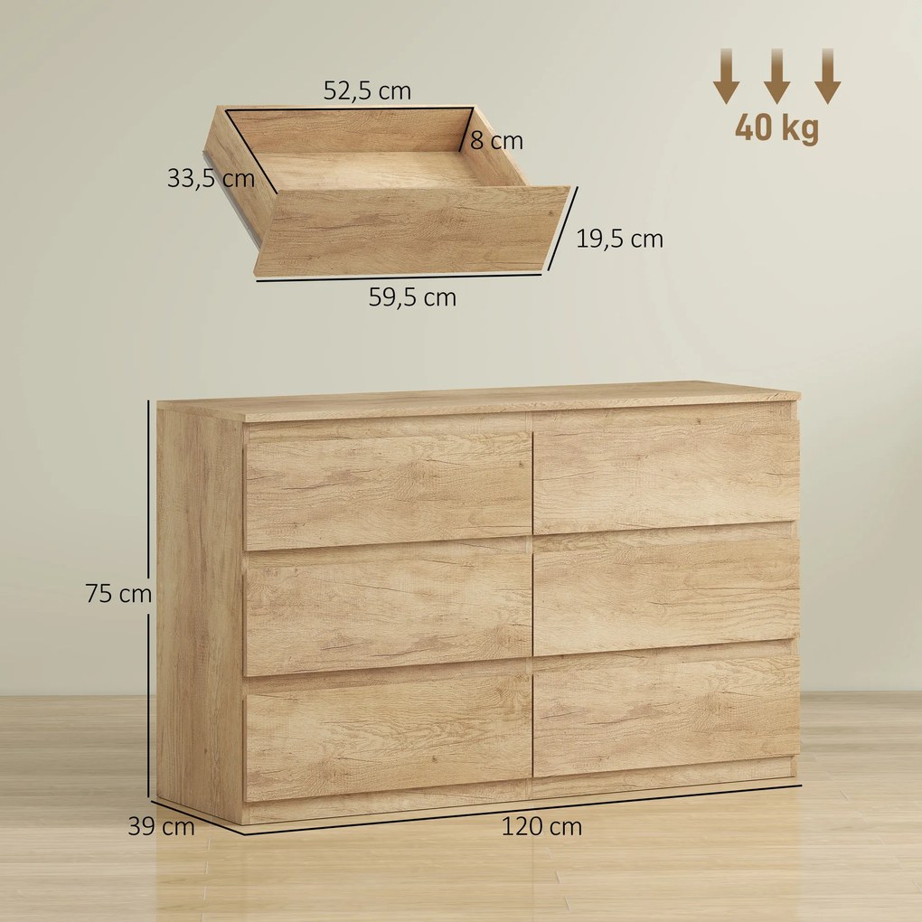 HOMCOM komoda 6 zásuvek úložný nábytek bez úchytek minimalistický design 120 x 39 x 75 cm dub