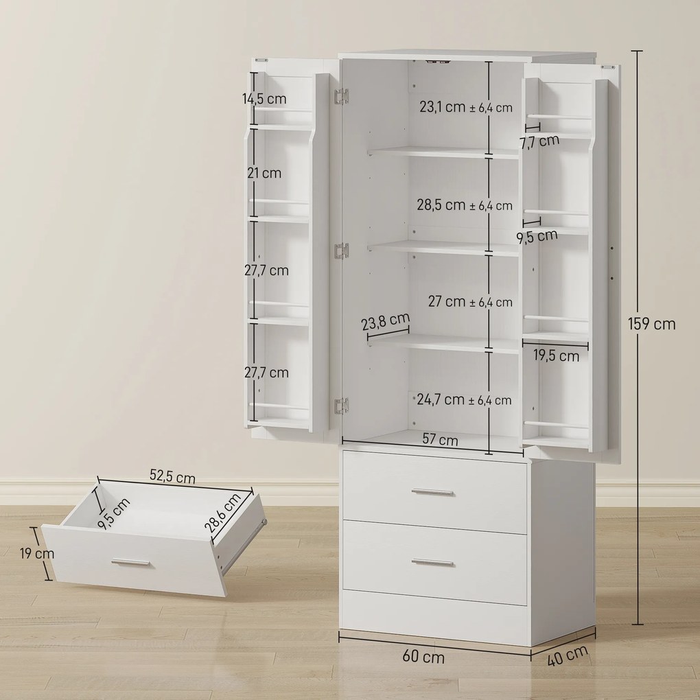 HOMCOM 159 cm kuchyňská skříň, nastavitelné police, 2 zásuvky, do kuchyně, jídelny, dřevotříska, MDF, bílá