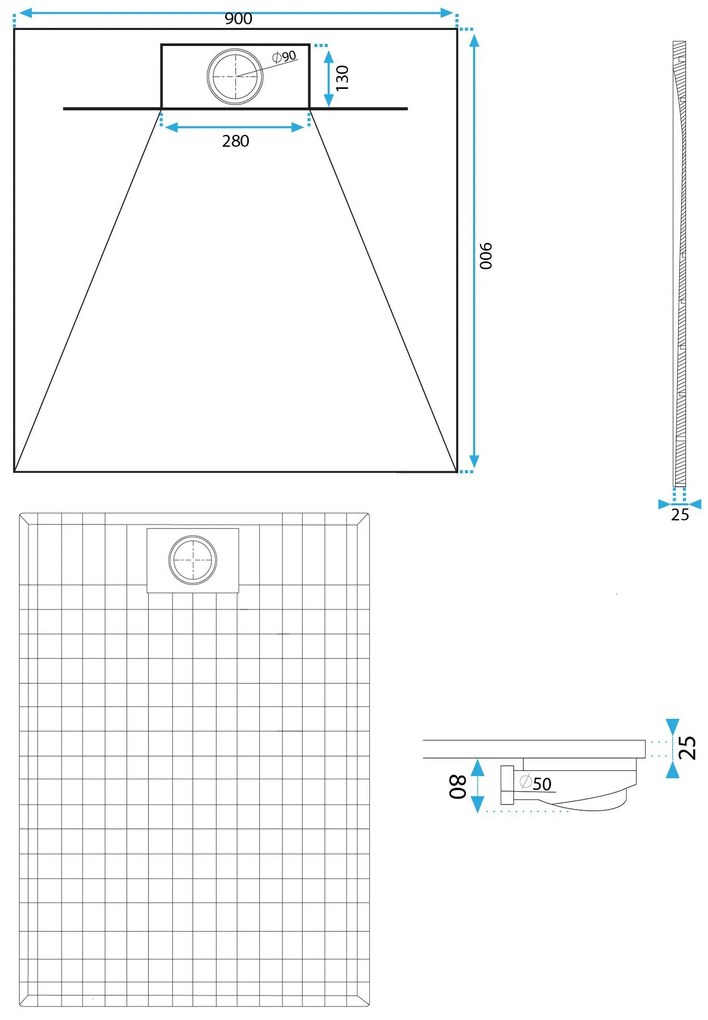 Čtvercová sprchová vanička z SMC kompozitu REA BAZALT 90x90 cm, šedá