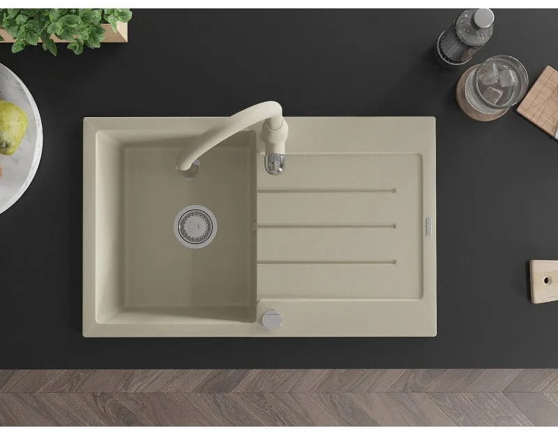 Mexen Bruno, 1-komorový granitový dřez 795x495x200 mm a dřezová baterie Savita, béžová, 6513-69-672601-69