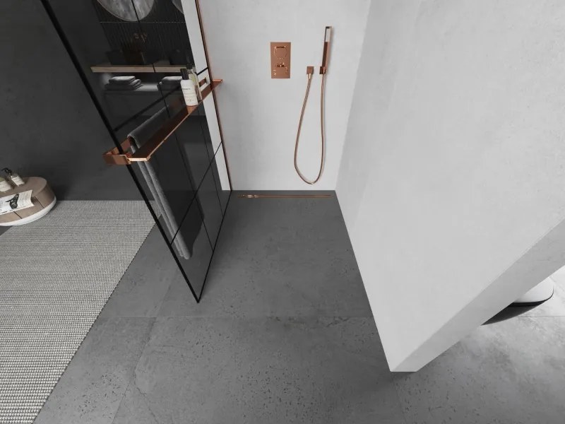 Mexen Kioto+ L, sprchová zástěna Walk-In s poličkou a věšákem 110 x 200 cm, 8mm čiré sklo černý vzor, ​​růžové zlato profil, 800-110-123-60-77