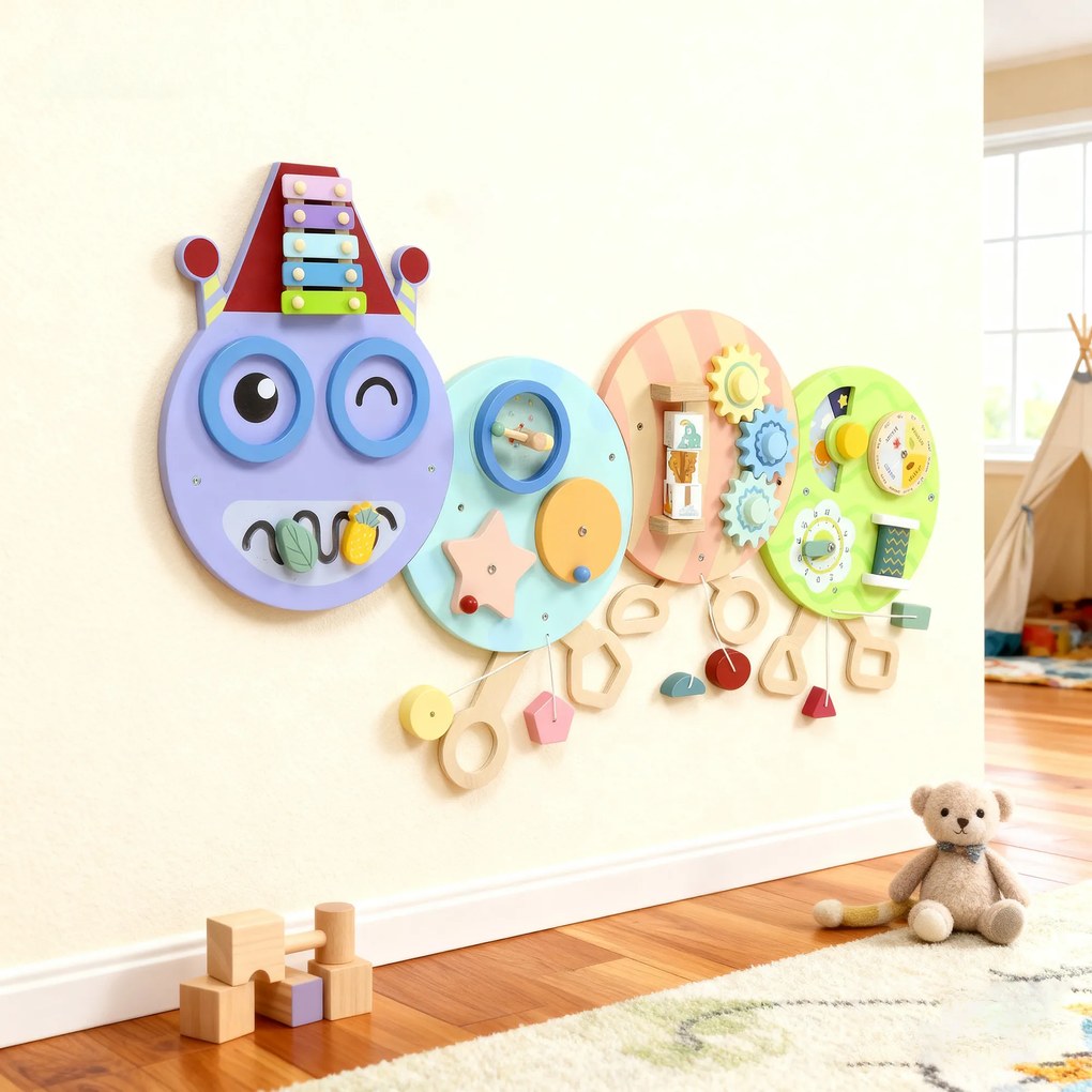 AIYAPLAY 7v1 nástěnné hračky, xylofon, ozubená kola, design housenek, MDF, 108 cm, barevné